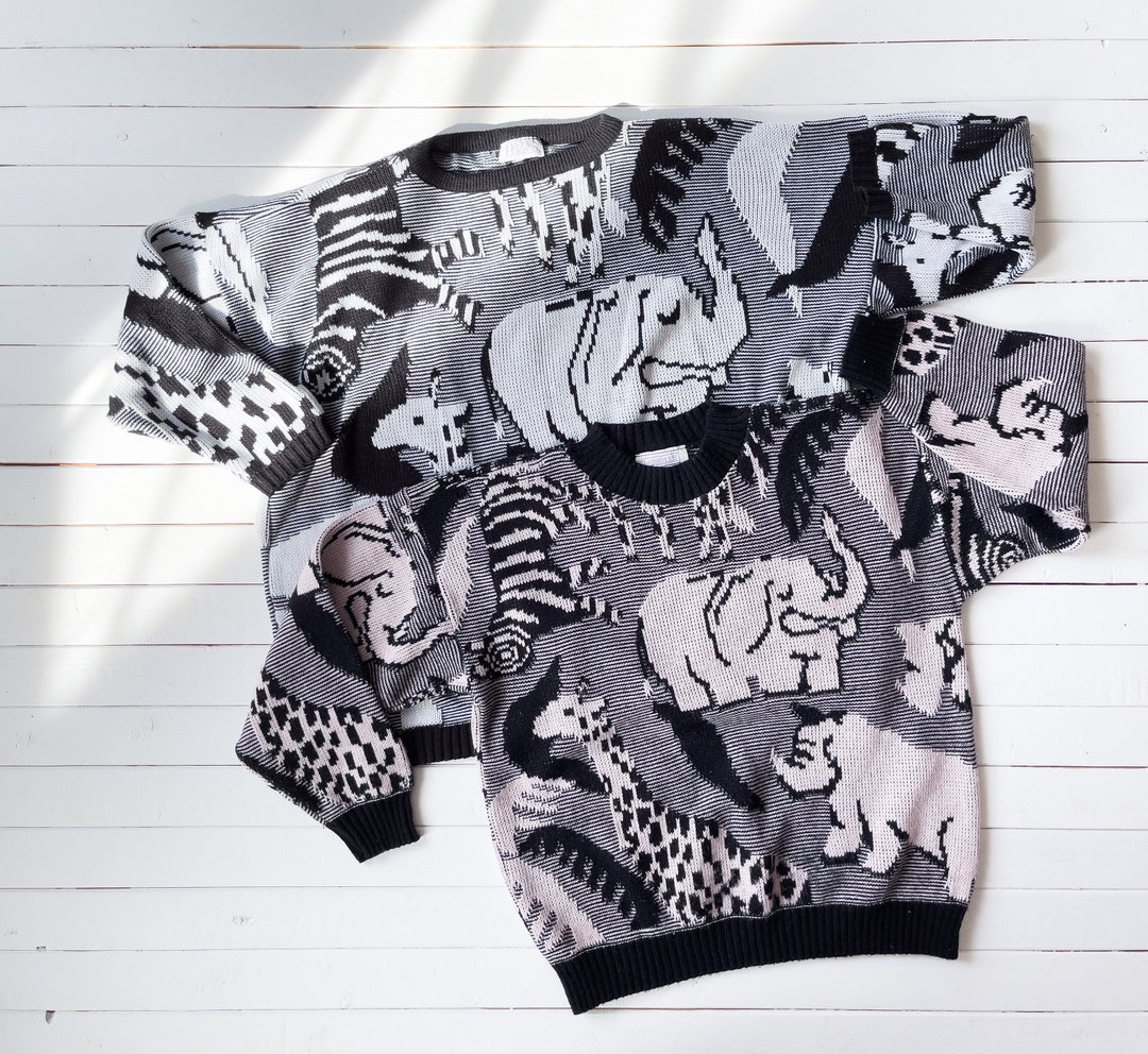 Cute Animal Sweater 80s Vintage Arielle Giraffe Elephant Zebra ...