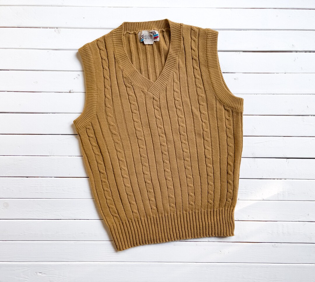 Tan Sweater Vest 70s 80s Vintage Light Brown Cable Knit Sleeveless ...
