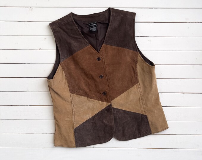 Patchwork Leather Vest 90s Vintage Brown Tan Suede Waistcoat - Etsy