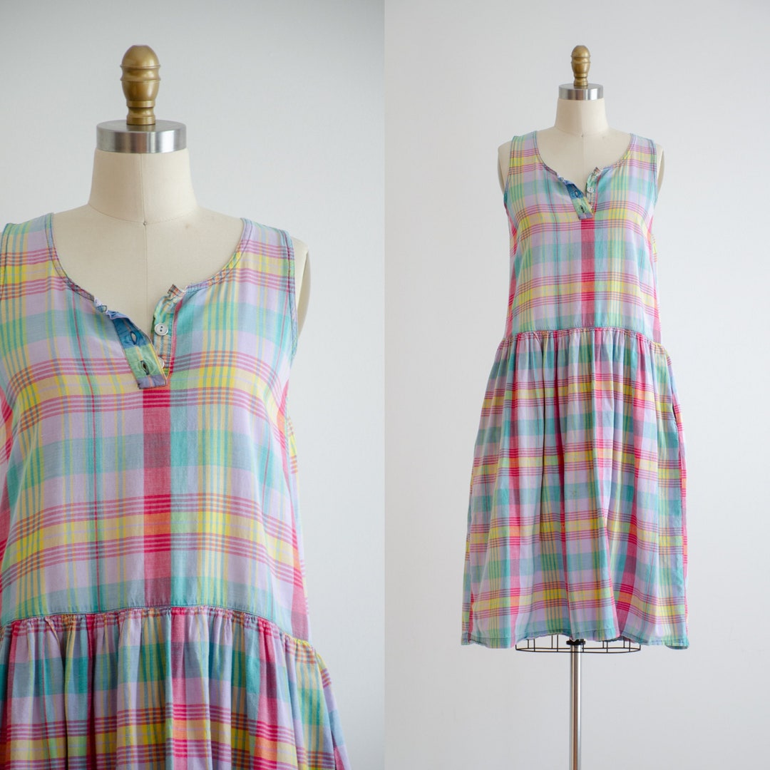 Plaid Pinafore Dress 80s 90s Vintage Pastel Green Blue Pink - Etsy