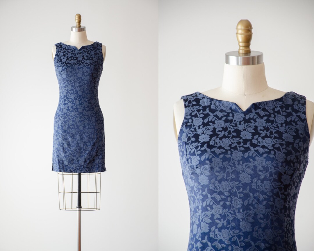 Blue Brocade Dress 90s Y2k Vintage Dark Navy Blue Floral Tight Bodycon ...