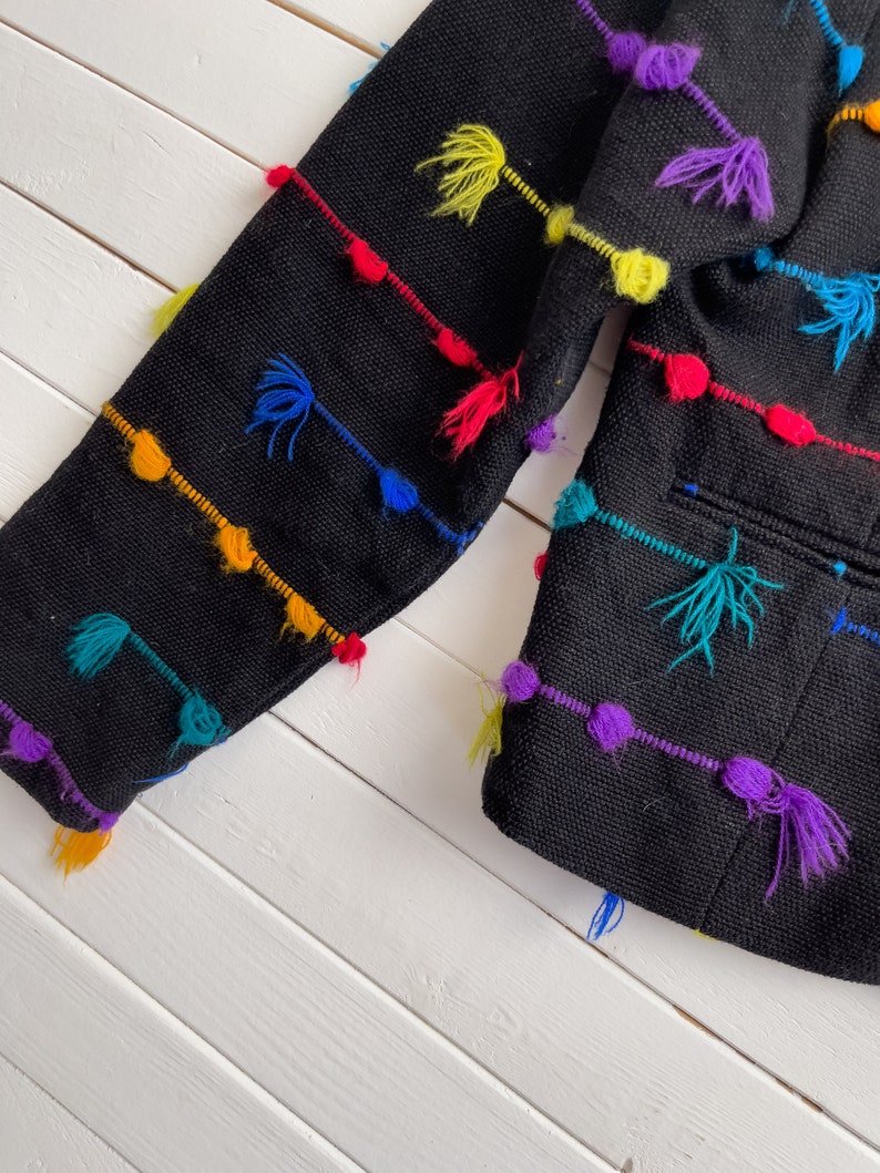 Rainbow Fringe Jacket 90s Vintage Kindred Spirits Black Woven Boho ...