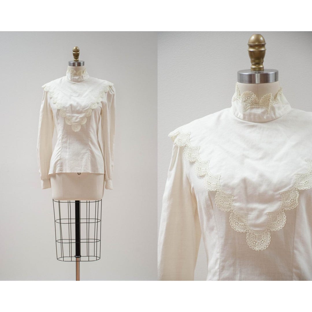 Edwardian Style Blouse 70s 80s Vtg Linen Cotton Lace Collar Cottagecore ...