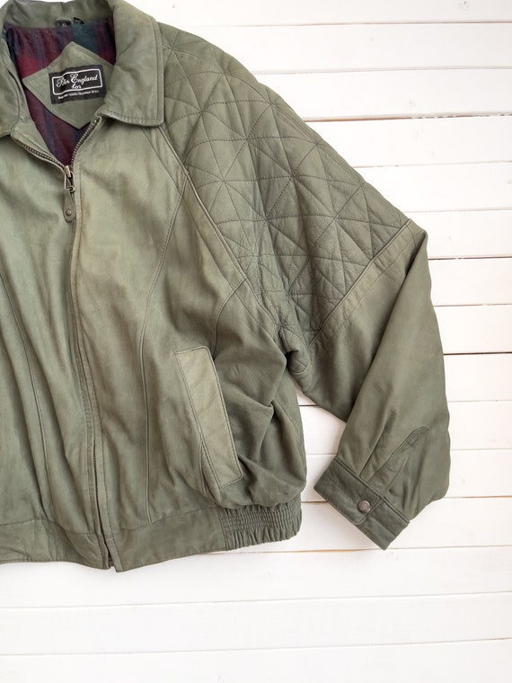 green leather jacket 80s 90s vintage sage green suede… - Gem