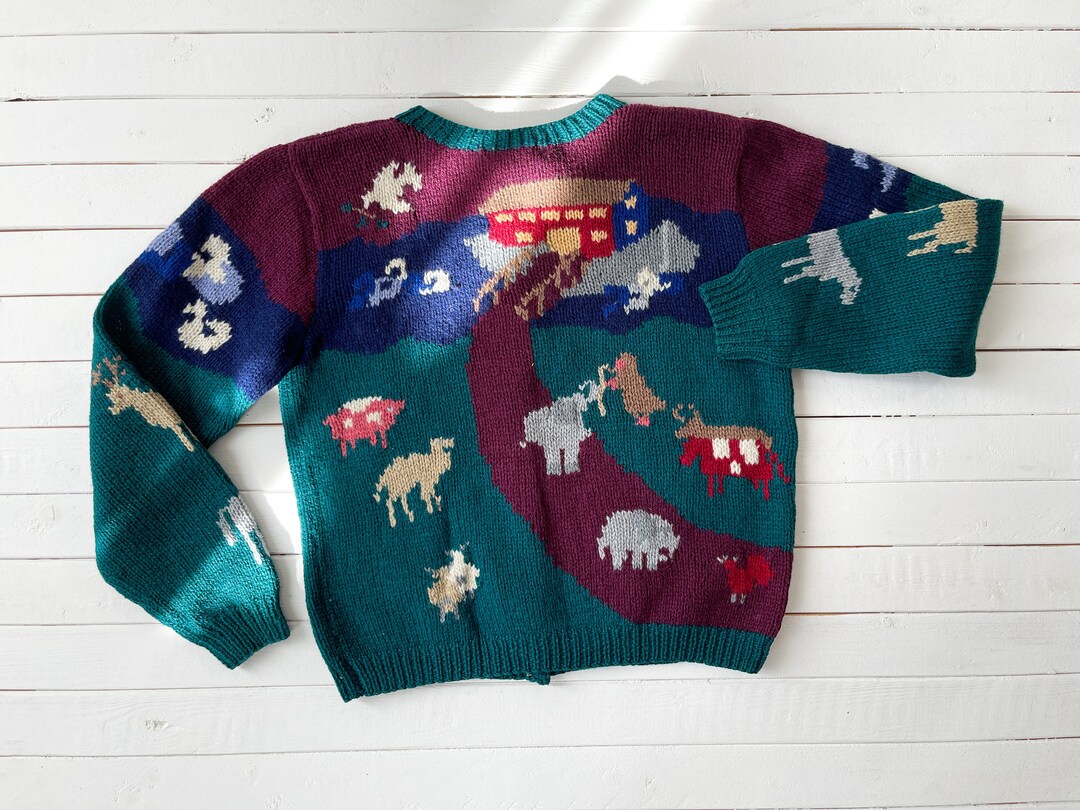 Cute Cottagecore Sweater | 80s 90s Vintage SKYR Green Wool Noah's Ark ...