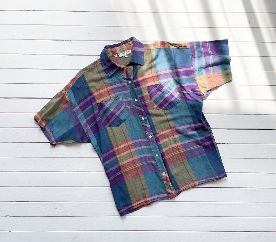 Blue Plaid Shirt 90s Vintage Stuart Lang Cotton Blouse - Etsy
