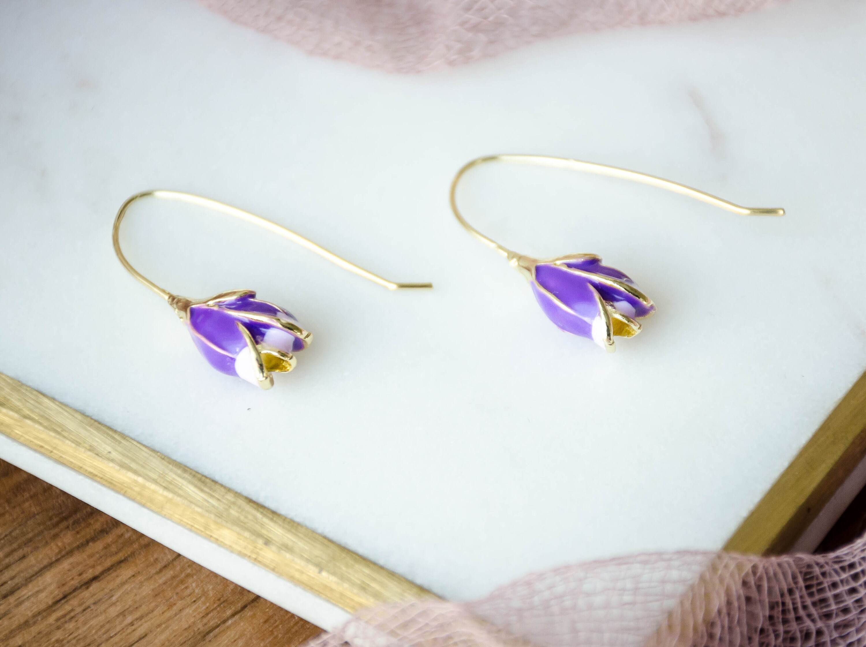 Purple tulip earrings dainty pink gold flower earrings cute | Etsy