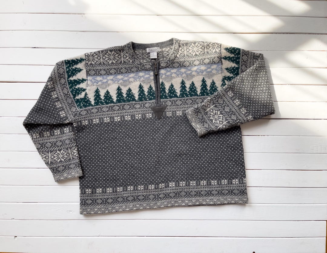 Cottagecore Sweater 90s Vintage SKYR Gray Wool Pine Tree Fair Isle ...