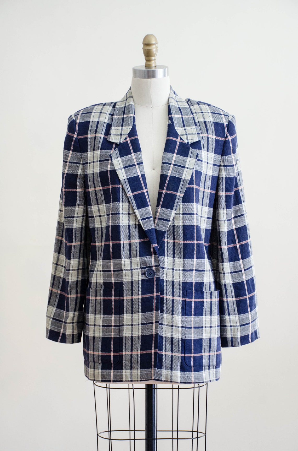 Navy Blue Plaid Jacket Linen Plaid Blazer | Etsy