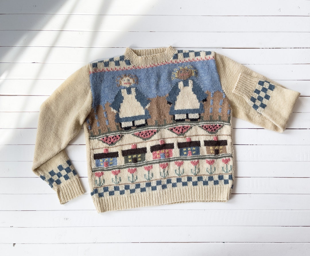 Cute Cottagecore Sweater 80s 90s Vintage Country Farm Rag Doll Cream ...