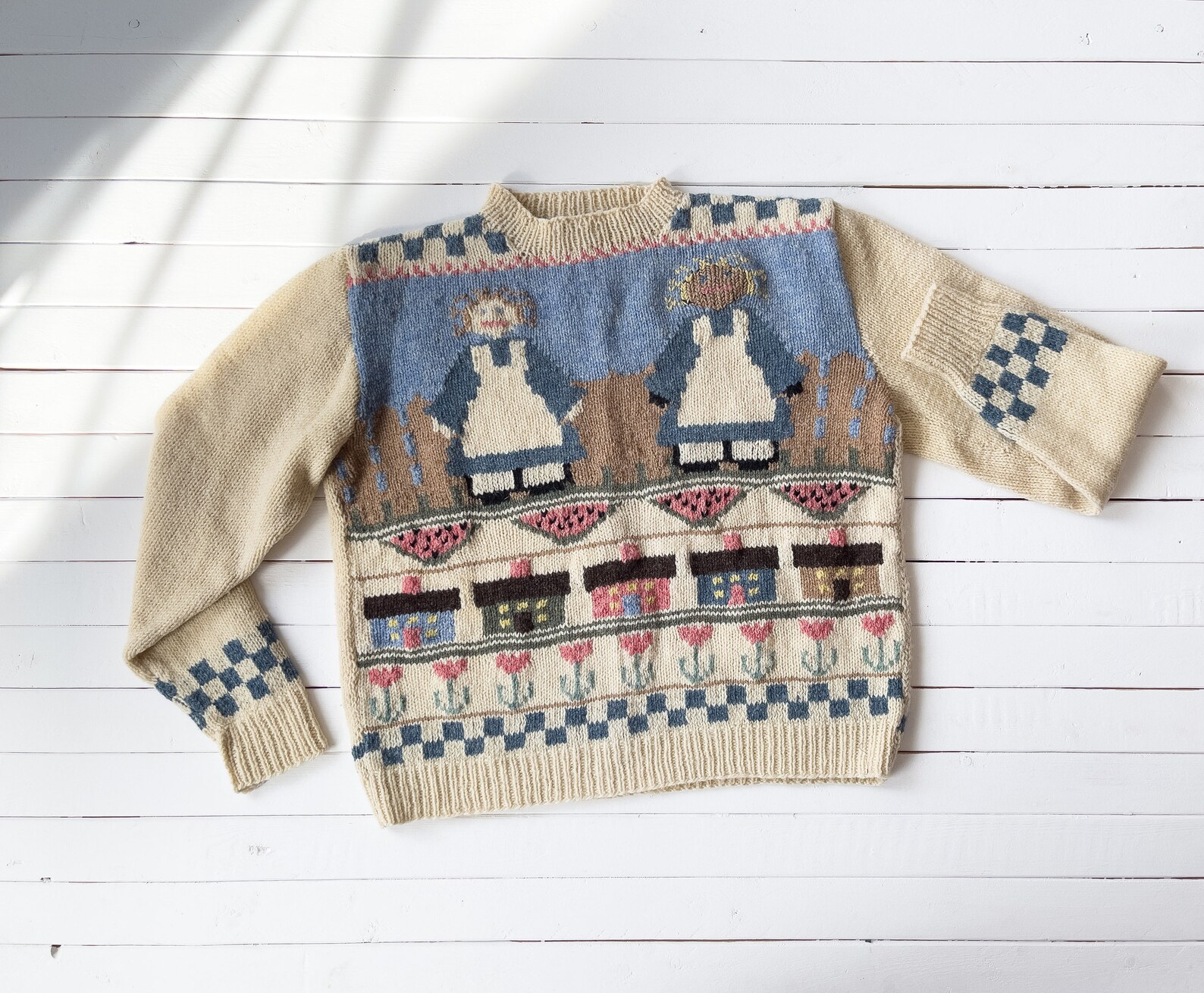 Cottagecore Sweater 80s 90s Vintage Country Farm Rag Doll Cream Wool ...