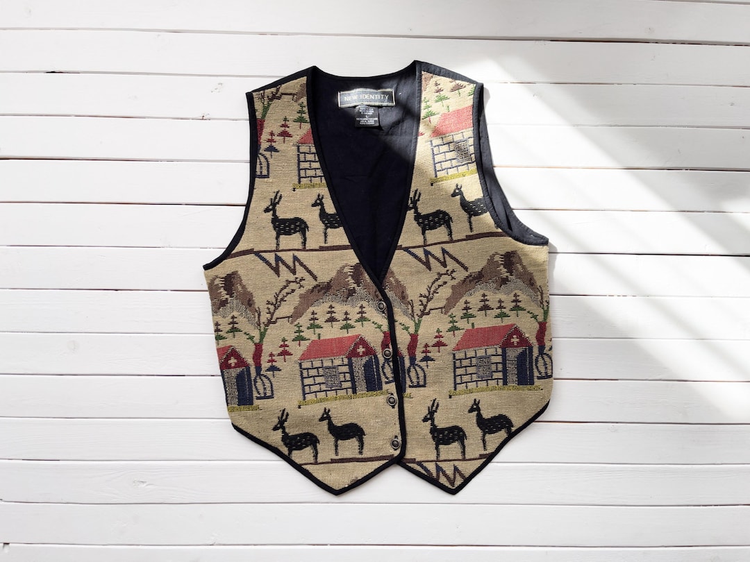 Tapestry Vest 90s Vintage New Identity Deer Mountain Novelty Print ...