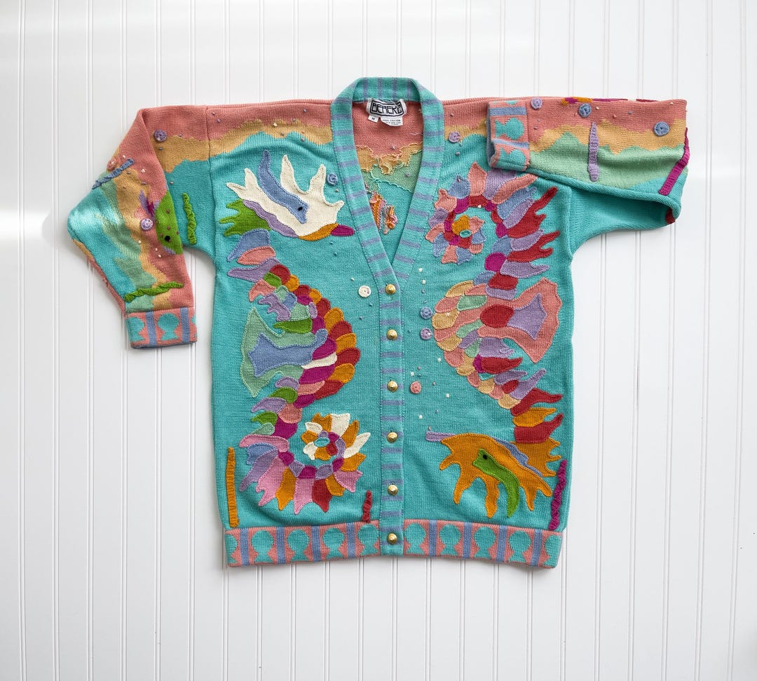 Berek Sweater 90s Vintage Colorful Seahorse Fish Novelty Print Hand ...