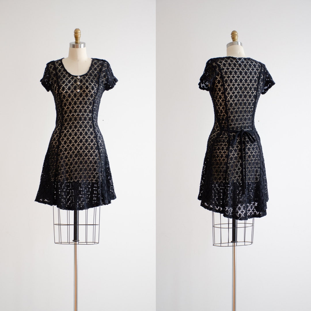 Sheer Black Dress 90s Y2k Vintage ELAN See Through Crochet Lace Short Sleeve Mini Dress - Etsy