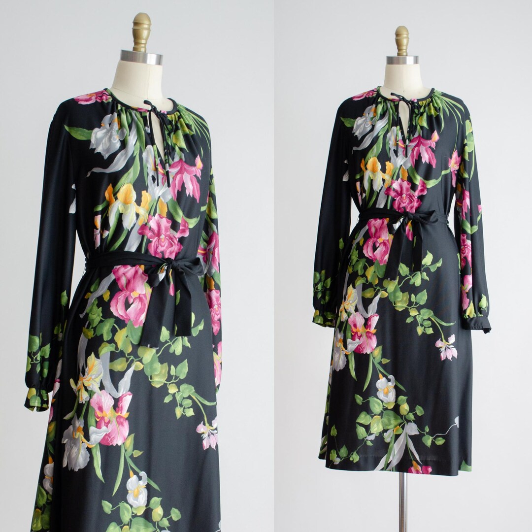 Black Floral Dress 70s Vintage Edith Flagg Long Sleeve Pink Iris Floral ...