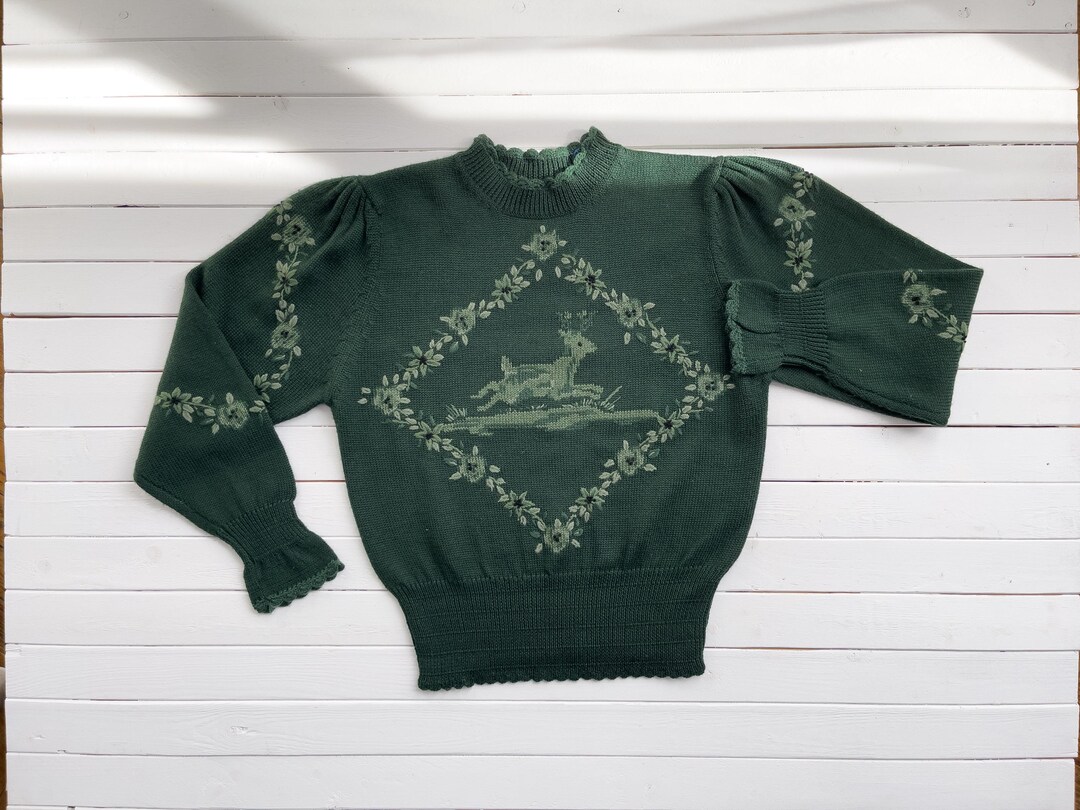 Cottagecore Sweater 80s Vintage Herman Geist Green Wool Deer Hand Knit ...