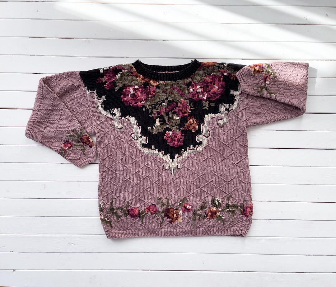Cottagecore Sweater 80s 90s Vintage Pink Purple Floral Embroidered ...