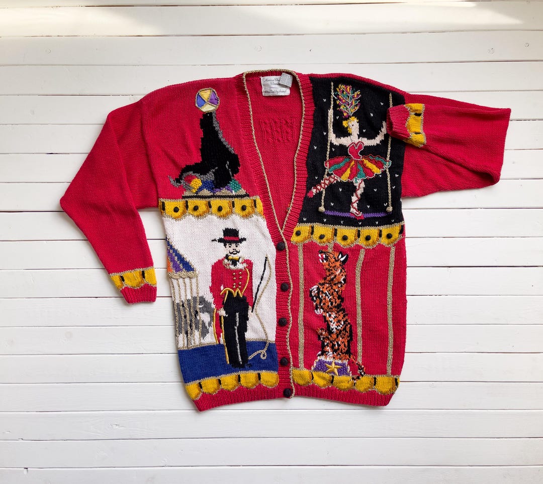 Circus Animal Sweater 90s Vintage Marisa Christina Carnival Clown Hand ...