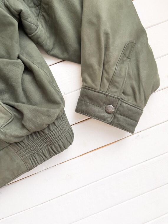 green leather jacket 80s 90s vintage sage green suede… - Gem