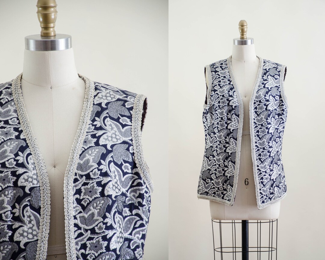 Navy Silver Embroidered Vest | 60s 70s Vintage Shiny Metallic Silver ...