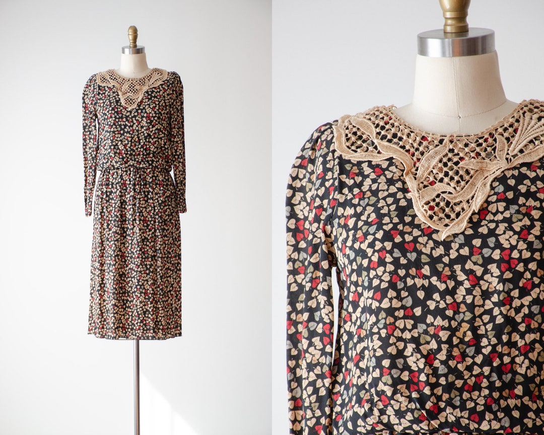 Cute Cottagecore Dress | 80s Vintage Black Leaf Pattern Lace Collar ...
