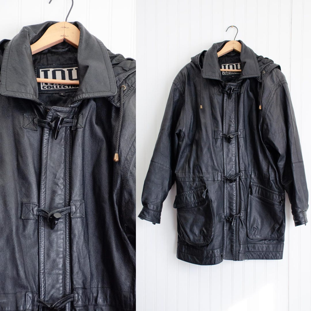 Black Leather Jacket 80s 90s Vintage IOU Oversized Hooded Black Duffle ...