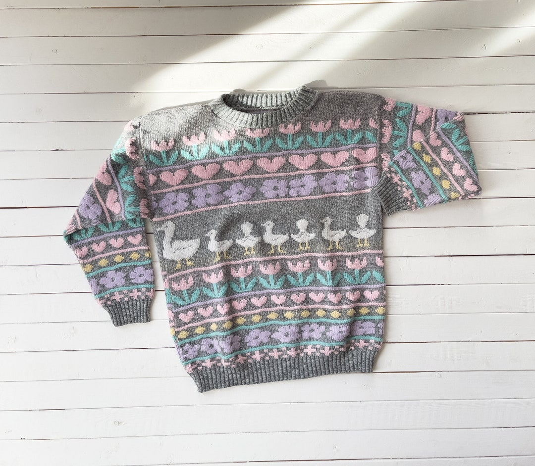 Cute Cottagecore Sweater 80s 90s Vintage Gray Pastel Pink Blue Duck ...