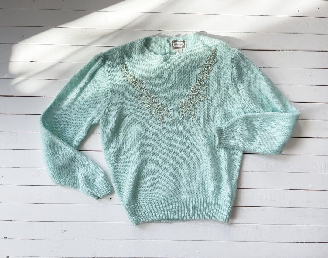 Mint Green Sweater 80s Vintage Pastel Aqua Lace Sweater - Etsy