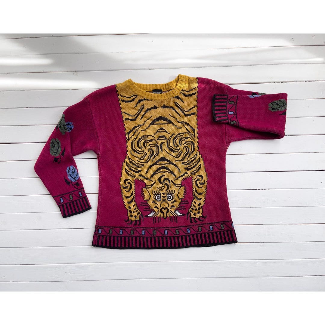 Vtg Generra Hot Pink Tiger Art to Wear Cotton Sweater - Etsy