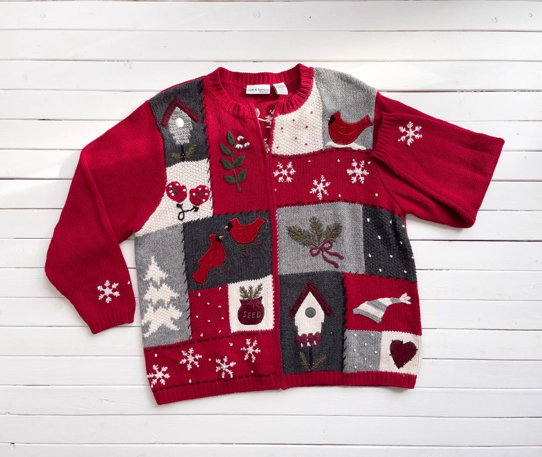 Vtg Croft & Barrow Winter Cardinal Bird Snow Cardigan Sweater Size 1X ...