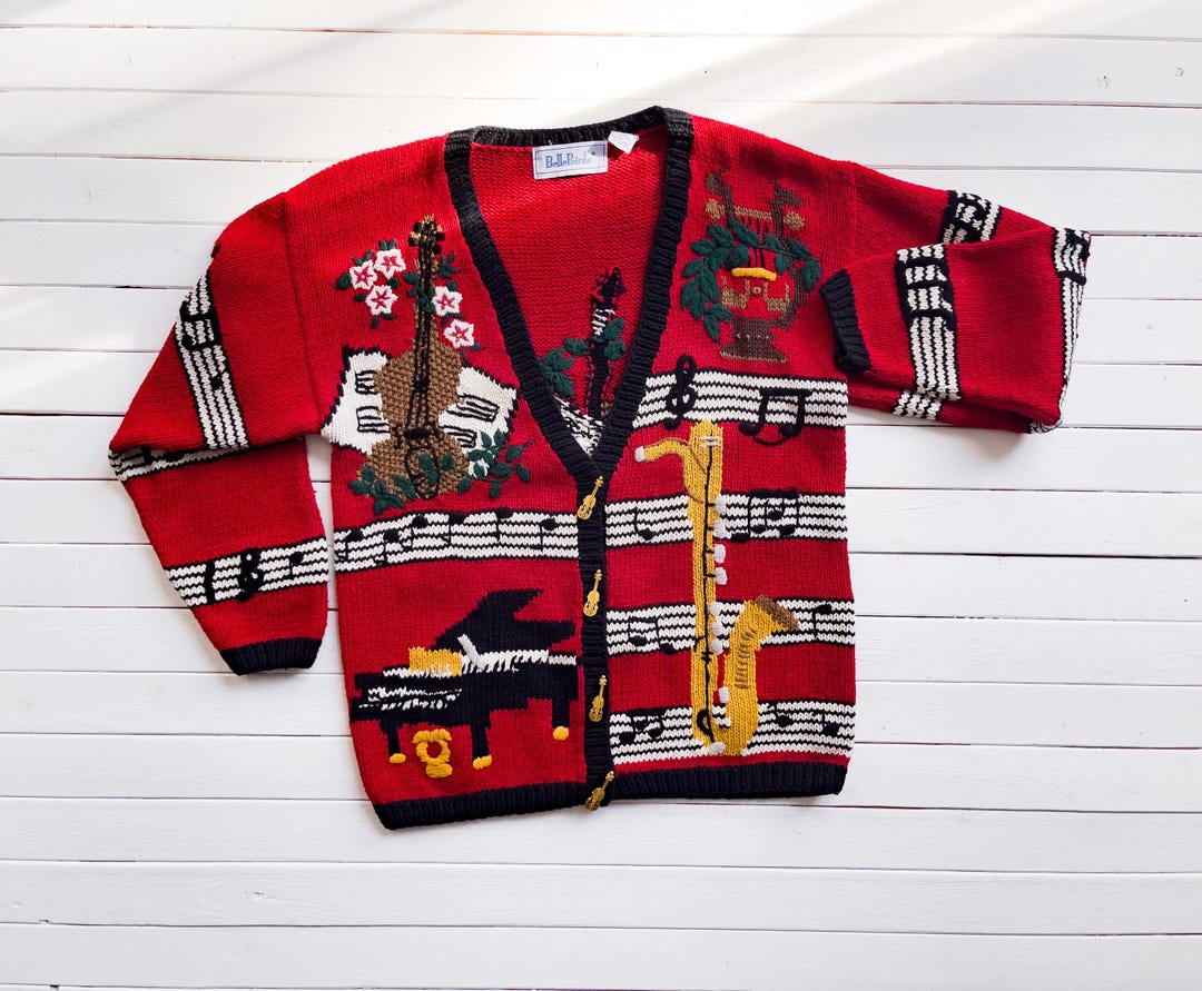 Vtg Belle Pointe Musical Instruments Hand Knit Embroidered Cardigan ...