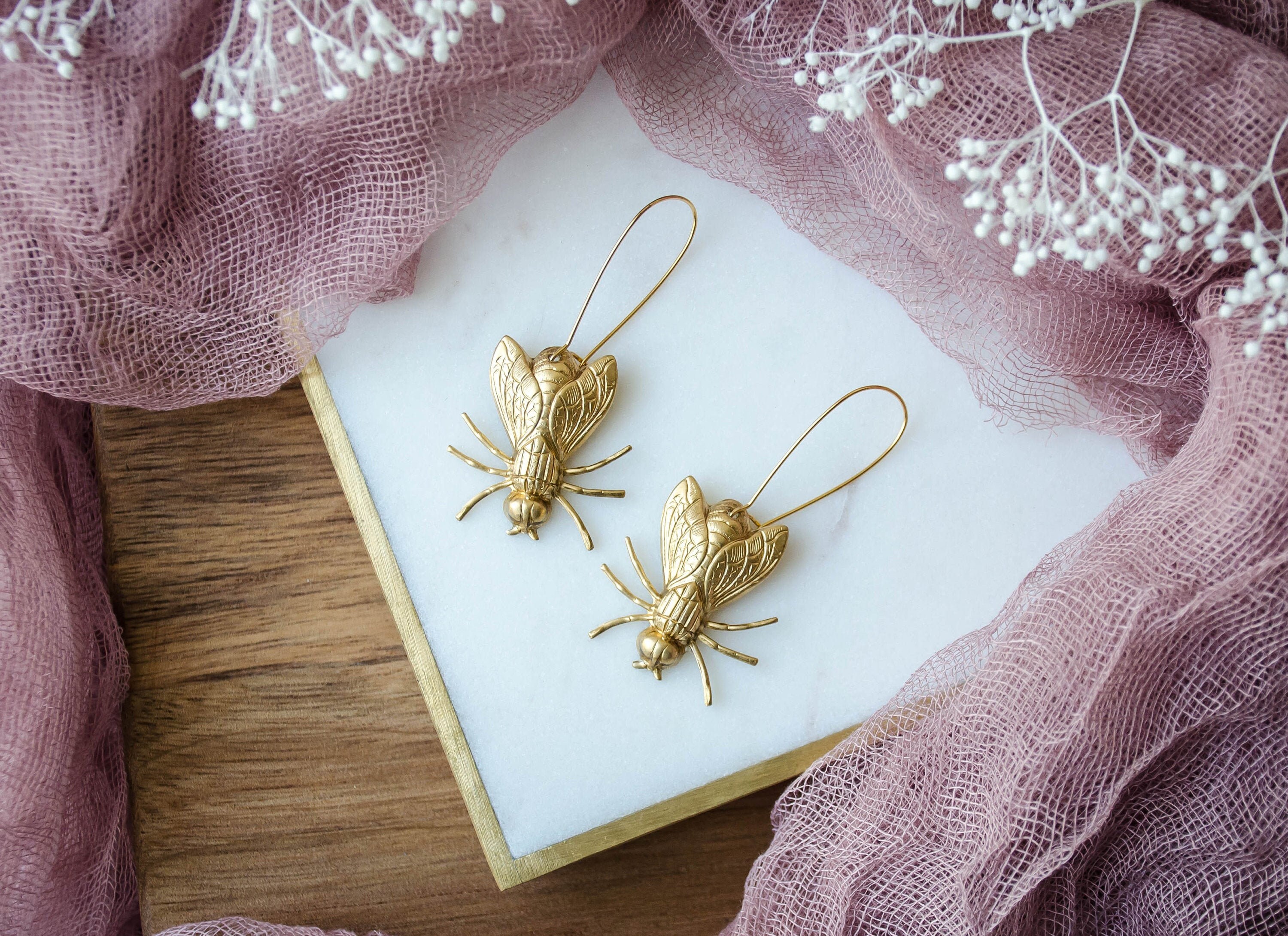 Gold fly earrings insect charm earrings vintage brass | Etsy