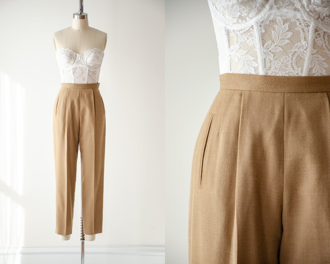 High Waisted Pants | 90s Vintage Chaus Light Brown Tan Wool Dark ...