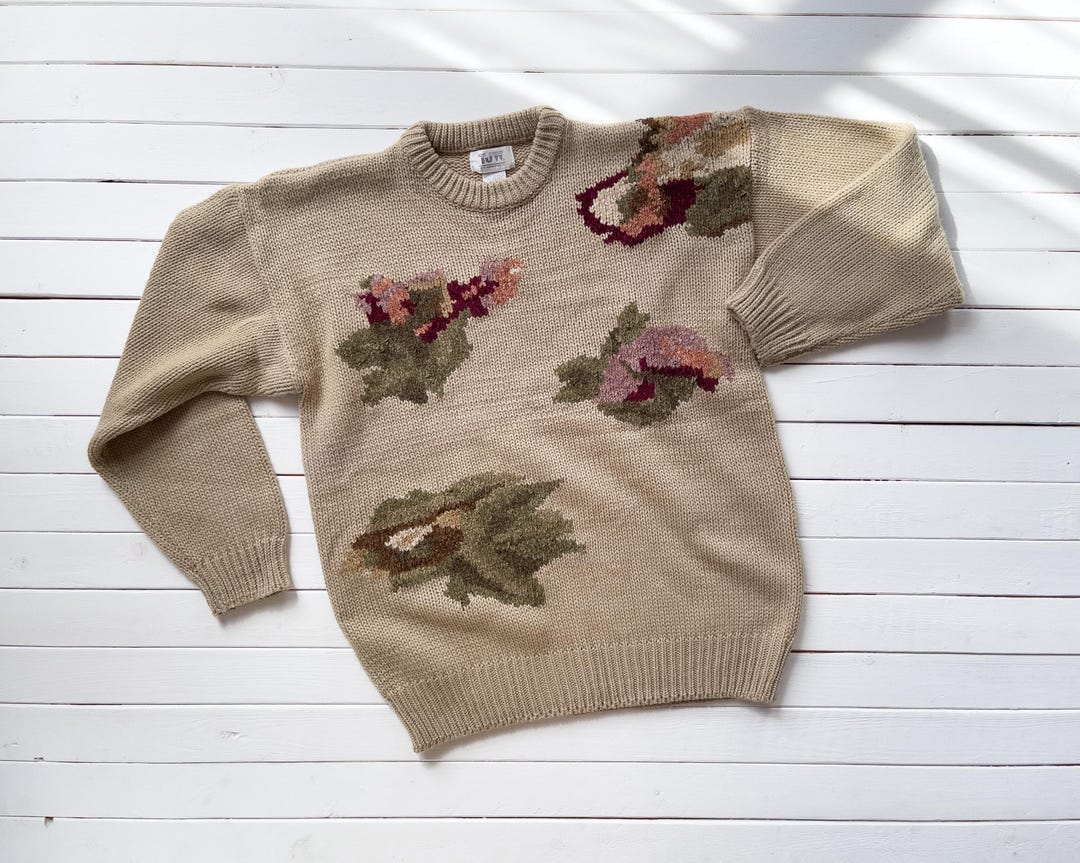 Brown Floral Sweater 80s 90s Vintage Beige Pink Chenille Sweater - Etsy