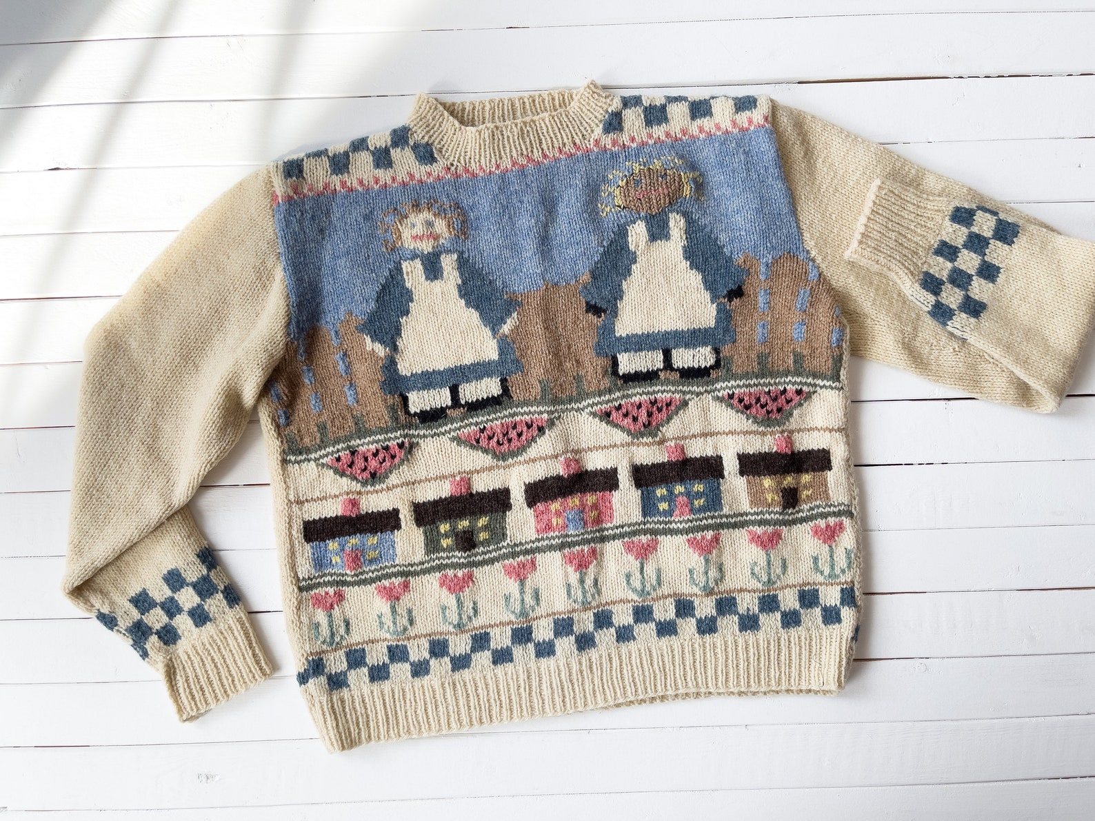Cottagecore Sweater 80s 90s Vintage Country Farm Rag Doll Cream Wool ...