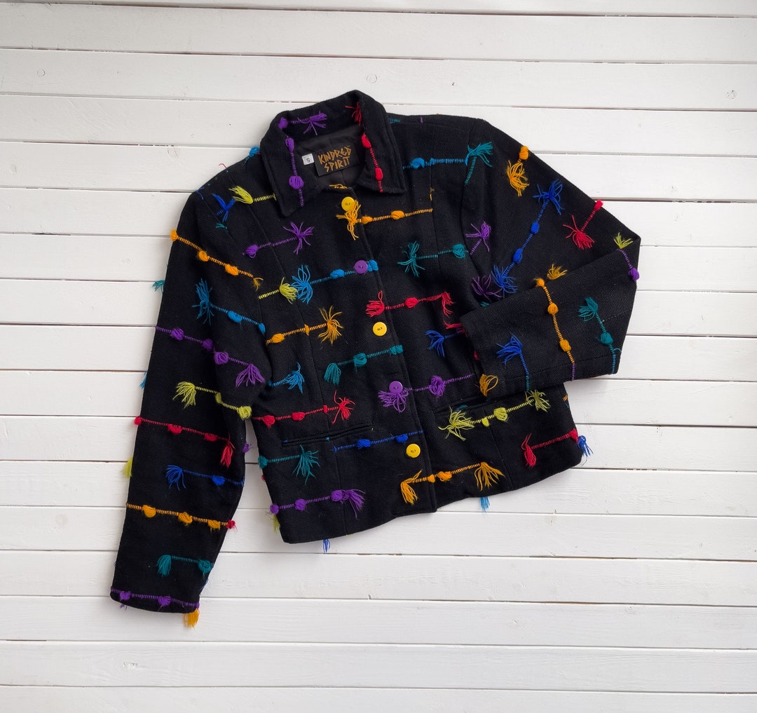 Rainbow Fringe Jacket 90s Vintage Kindred Spirits Black Woven Boho ...