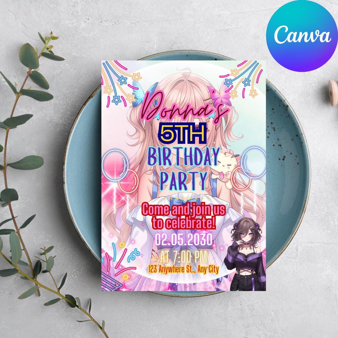 Editable Anime Theme Birthday Invitation Template for Canva ...