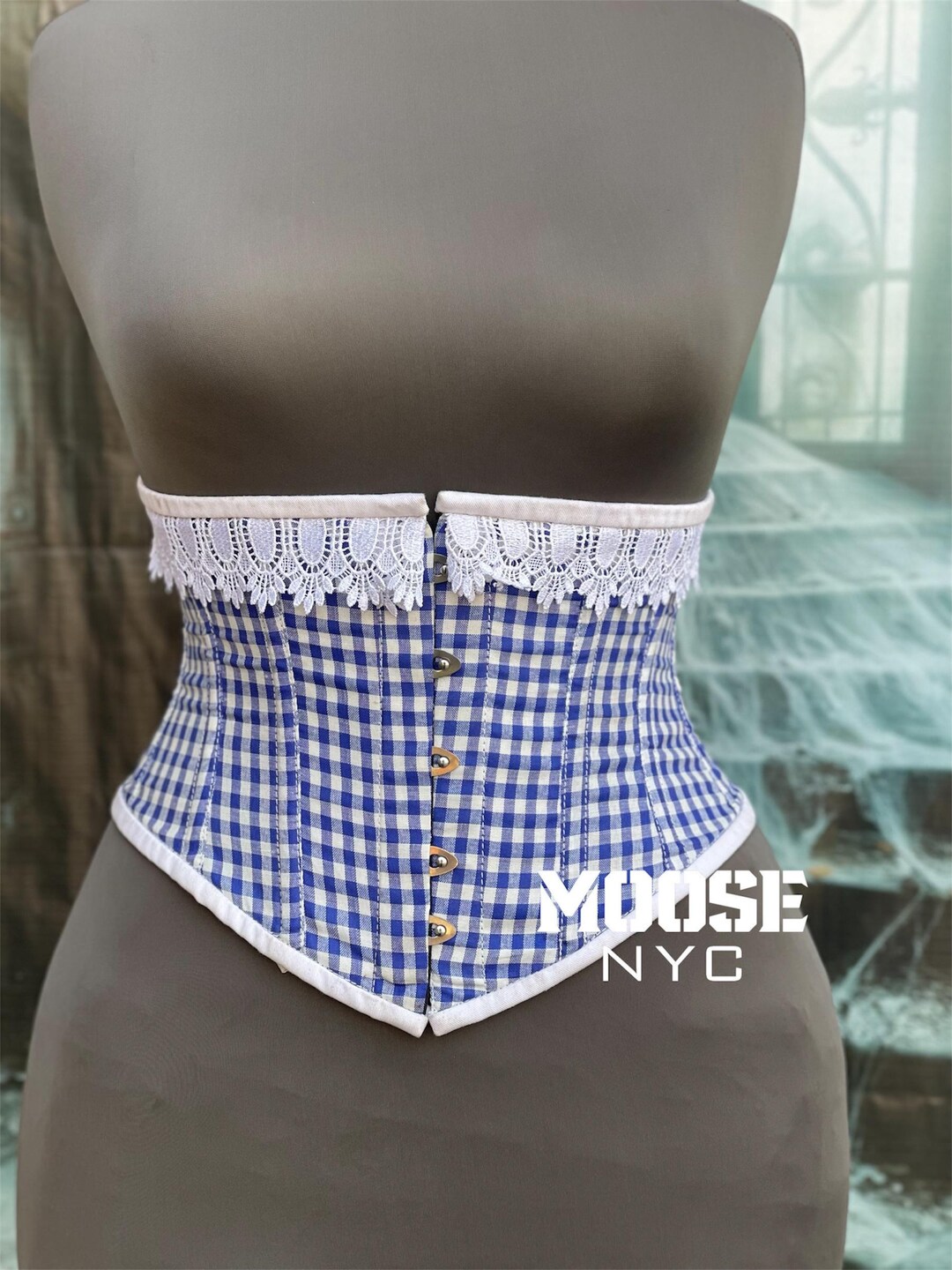 Blue Gingham Underbust Corset With Lace Trim Vintage Cottagecore Waist ...