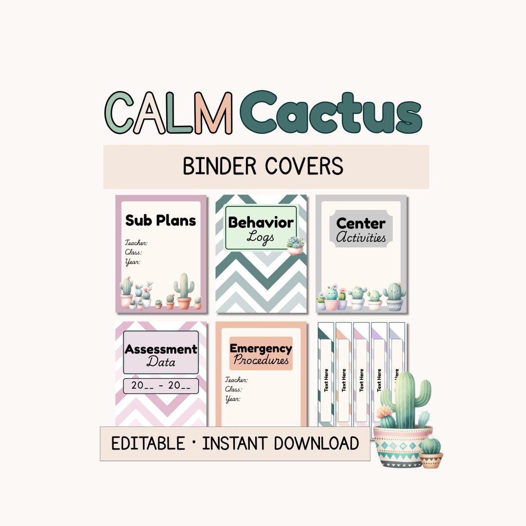 Calm Cactus Binder Covers Teacher Editable Classroom Organization ...
