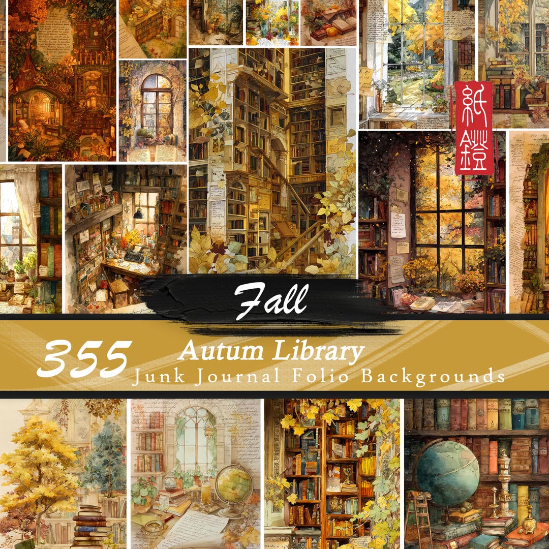 Autumn Library Junk Journal Folio Backgrounds Bundle, Digital Rustic ...