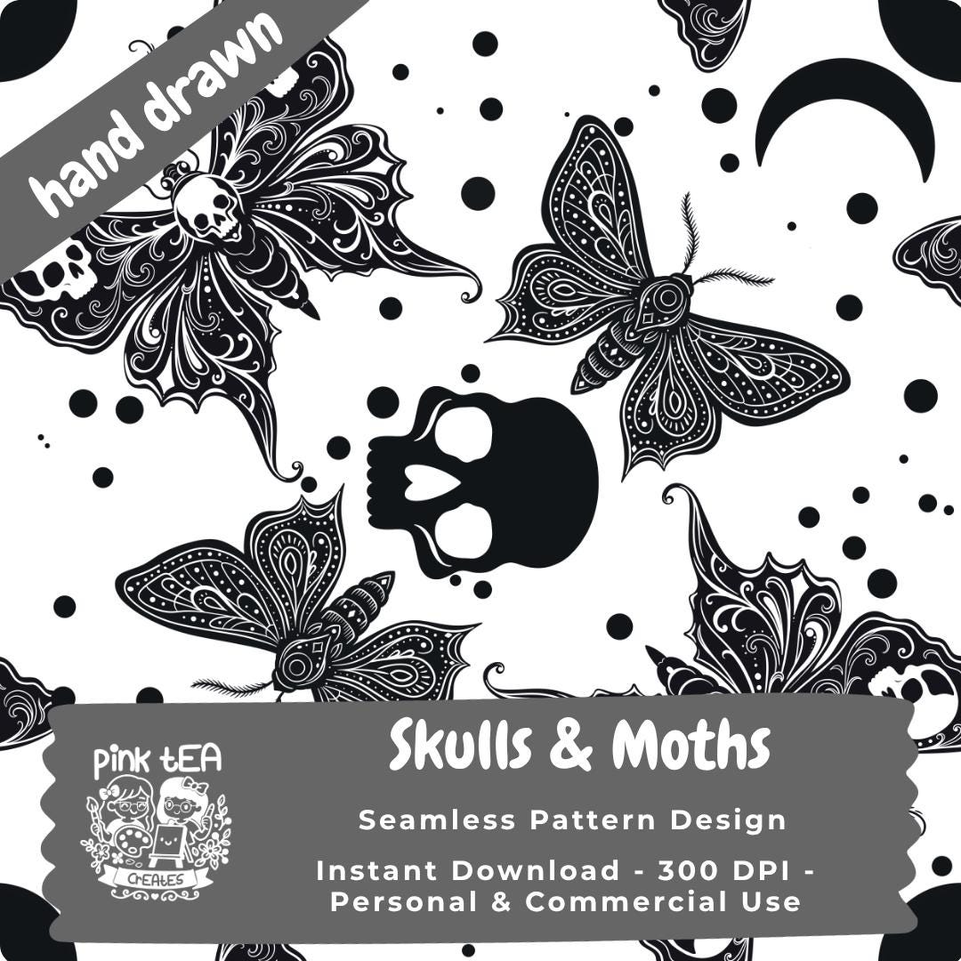 Skulls & Moths Seamless Pattern | Gothic Repeat Background PNG | Dark ...