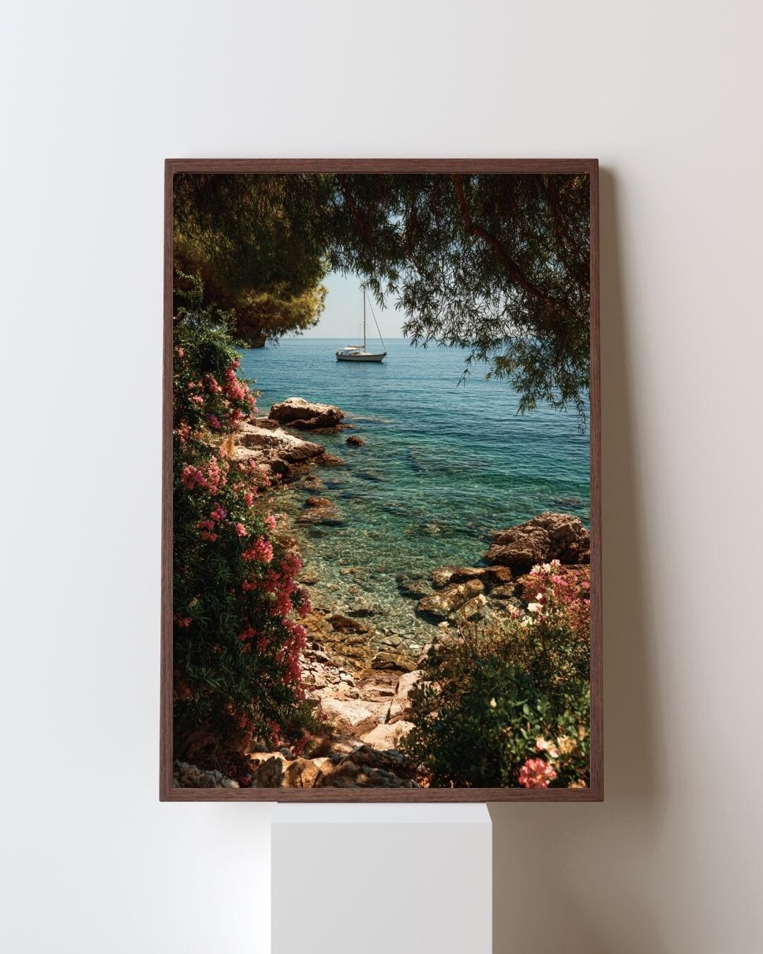 Mediterranean Cove Print: Coastal Sailboat, Floral Landscape (digital ...