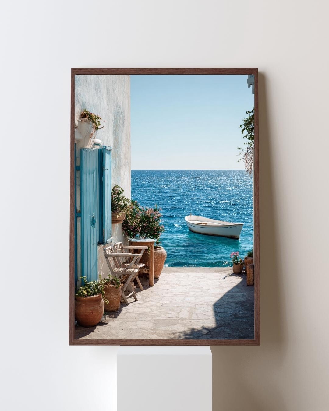 Greek Island Coastal Print: White Boat, Blue Shutters (digital Download ...