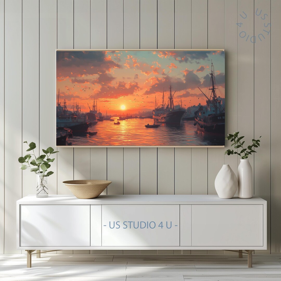 Vintage Harbor Sunrise Frame TV Art, Moody Coastal TV Art, Nautical ...