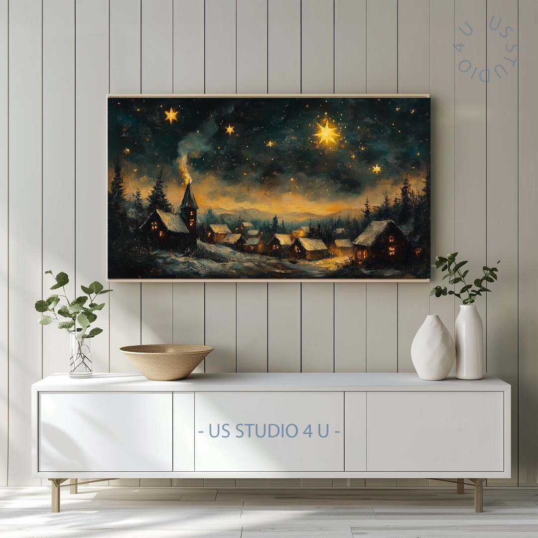 Vintage Winter Village Frame TV Art, Rustic Snowy Night Scene With ...