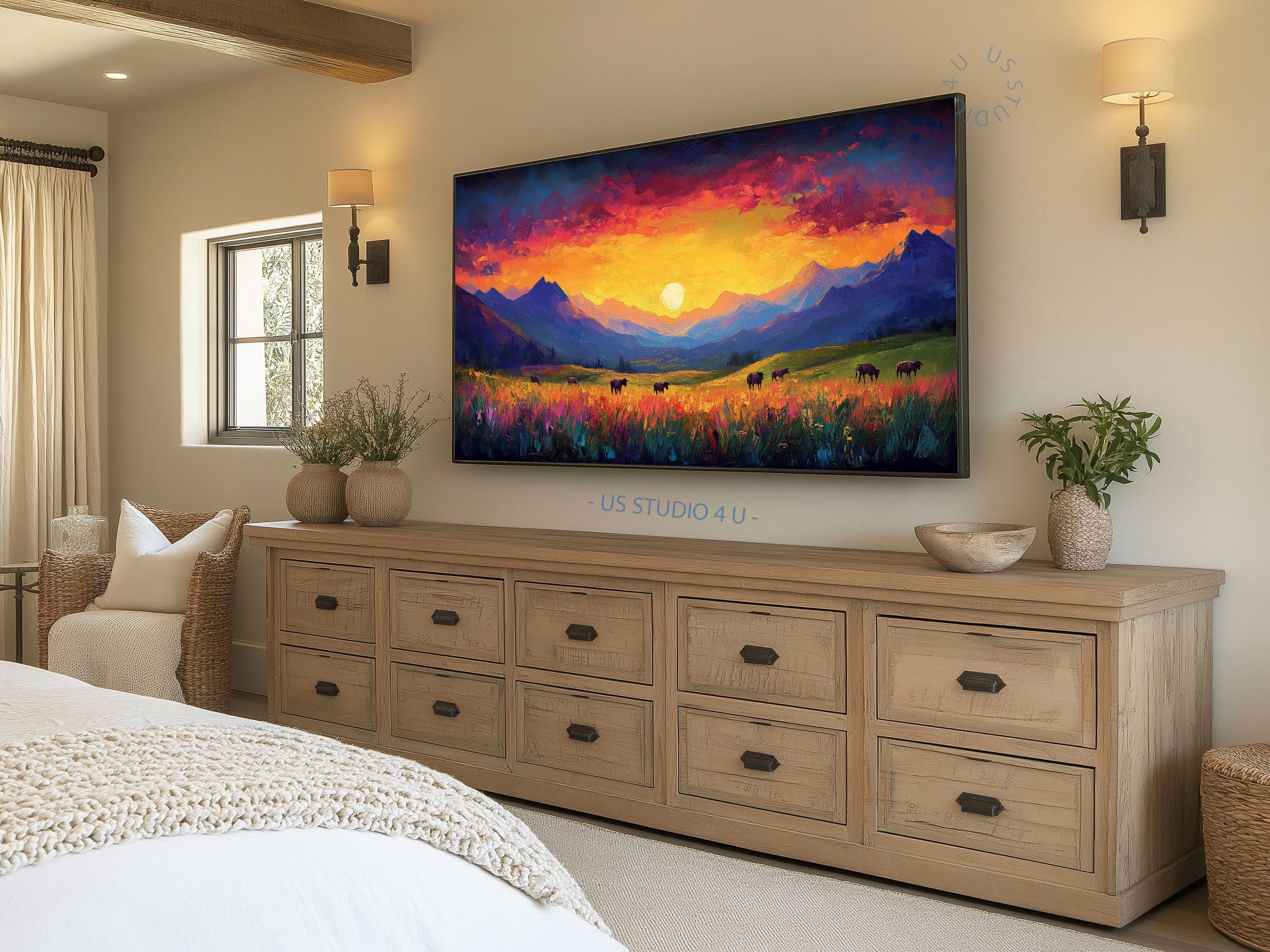 Dramatic Sunset Landscape Art for Frame TV, Rustic Scenic Mountain ...