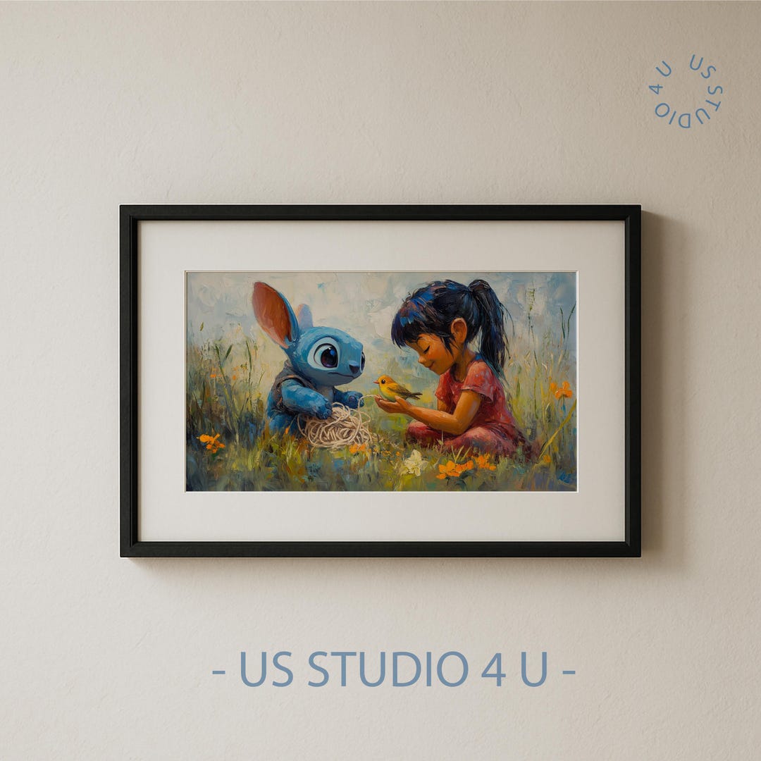 Cute Painterly Frame TV Art, Lilo & Stitch Rescuing Bird in Meadow ...