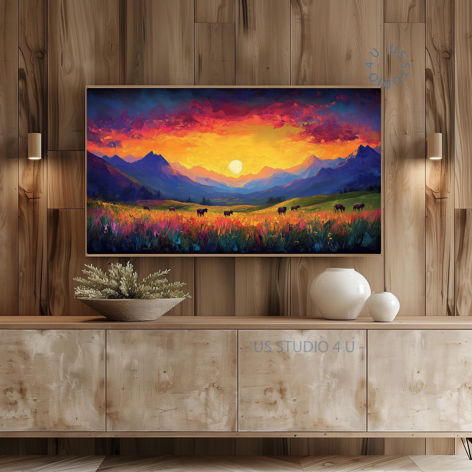 Dramatic Sunset Landscape Art for Frame TV, Rustic Scenic Mountain ...