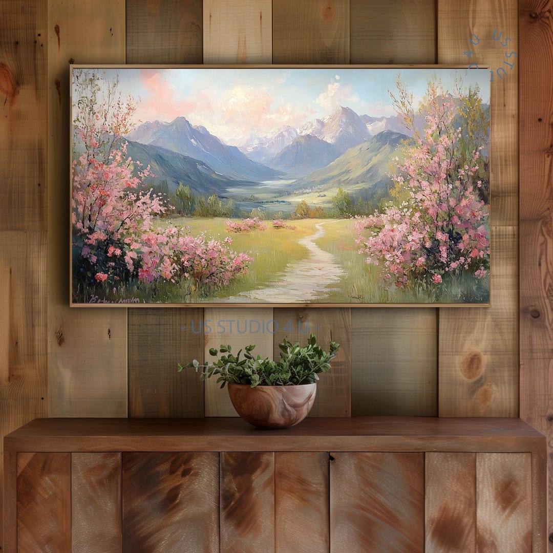 Rustic Cottagecore Mountain Valley Frame TV Art, Pastel Landscape ...