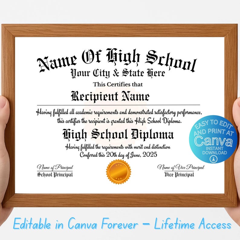 Editable High School Diploma Template: Canva Printable (digital ...